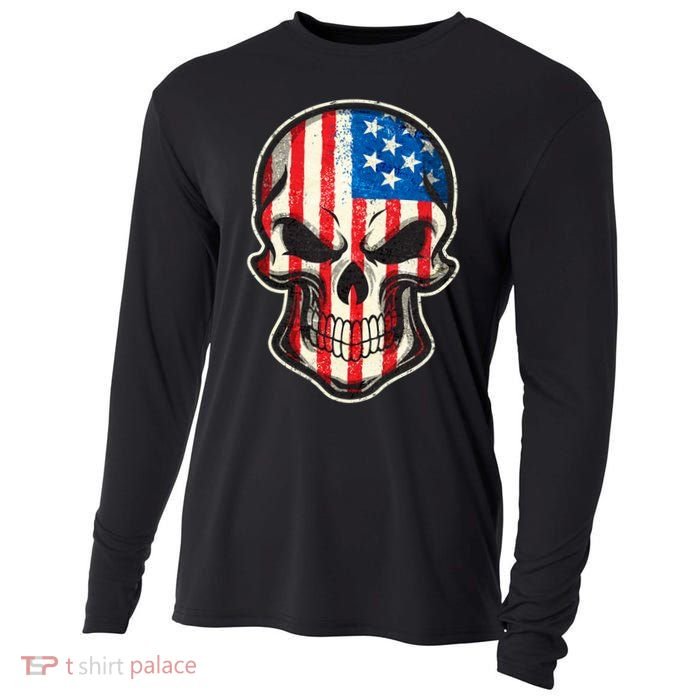 American Flag Human Skull Cooling Performance Long Sleeve Crew ...