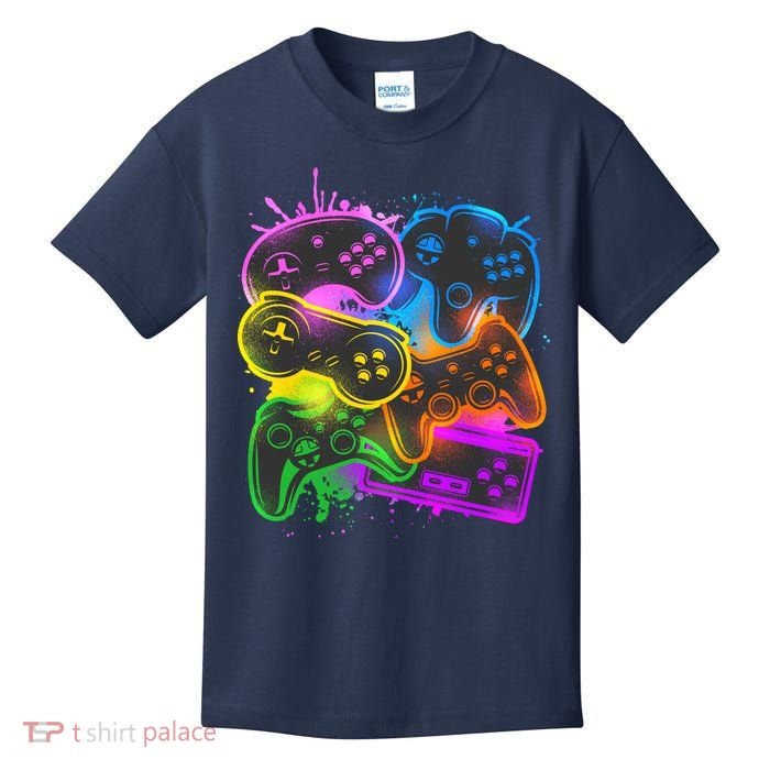 Cool Retro Neon Graffiti Video Game Controllers Kids T-Shirt | TShirtPalace