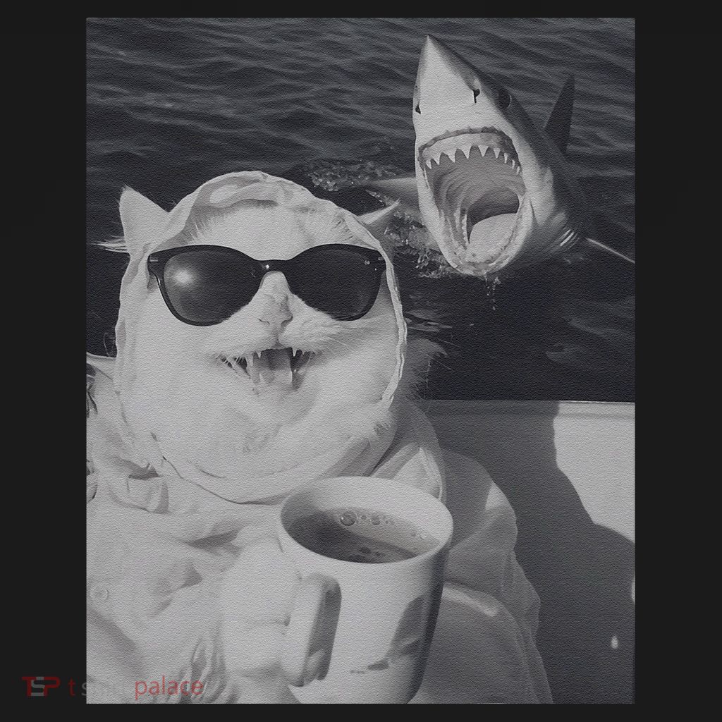Cat Scarf Meme Drinking Coffee Selfie Chill White Shark Kids