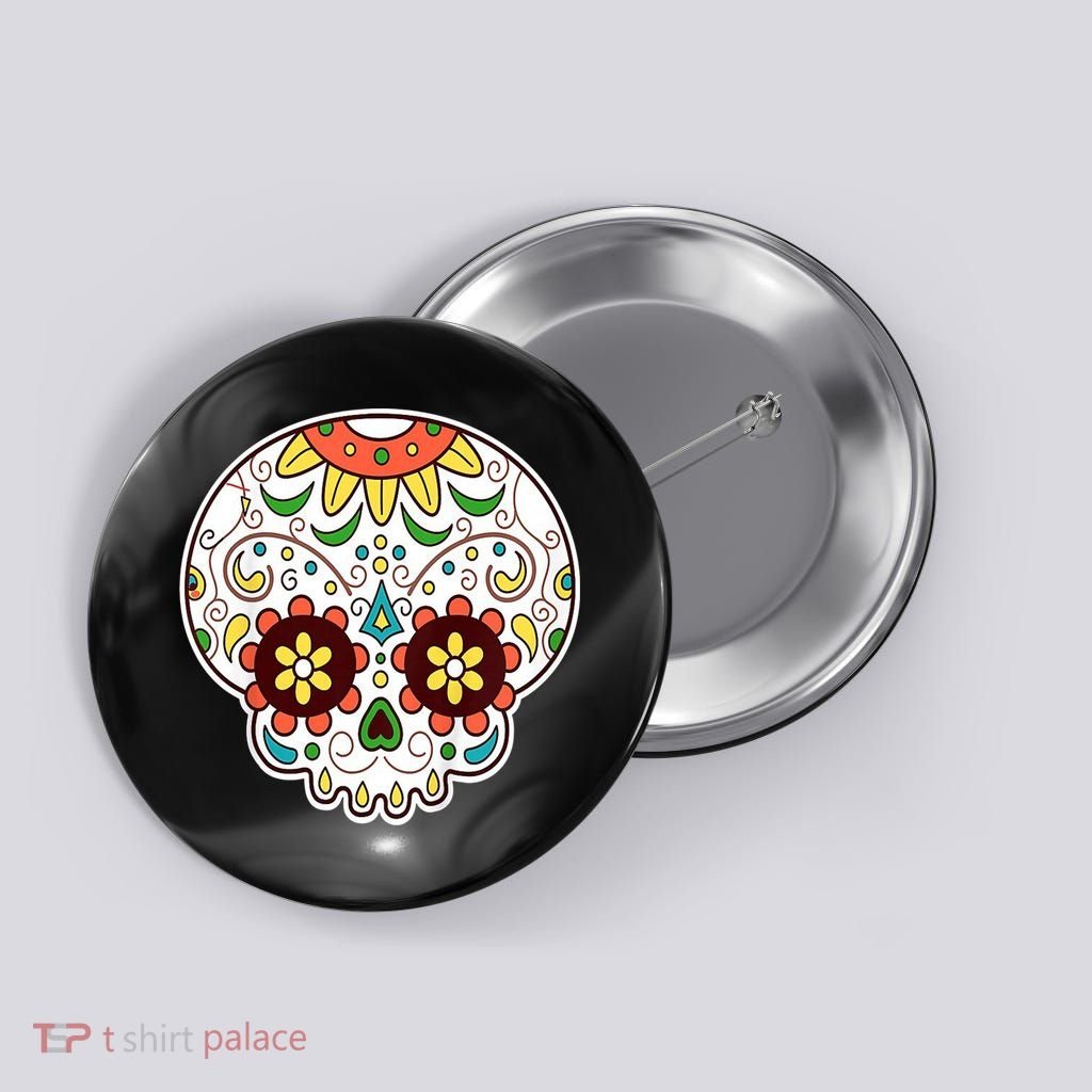 DOD Day Of The Dead Sugar Floral Skull Head Button | TShirtPalace