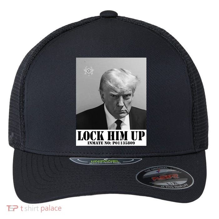 Donald Trump Lock Him Up Inmate Mugshot Flexfit Unipanel Trucker Cap ...