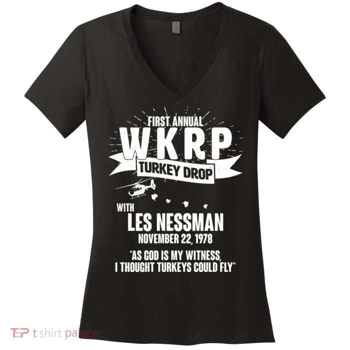 First Annual WKRP Turkey Drop With Les Nessman Women's V-Neck T-Shirt ...