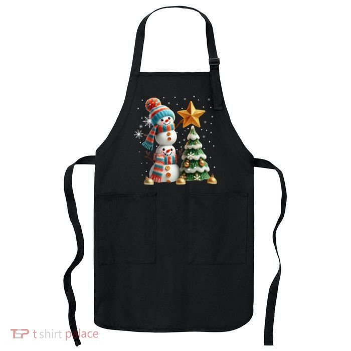 Funny Snowmen Putting Up Christmas Tree Full-Length Apron With Pockets ...