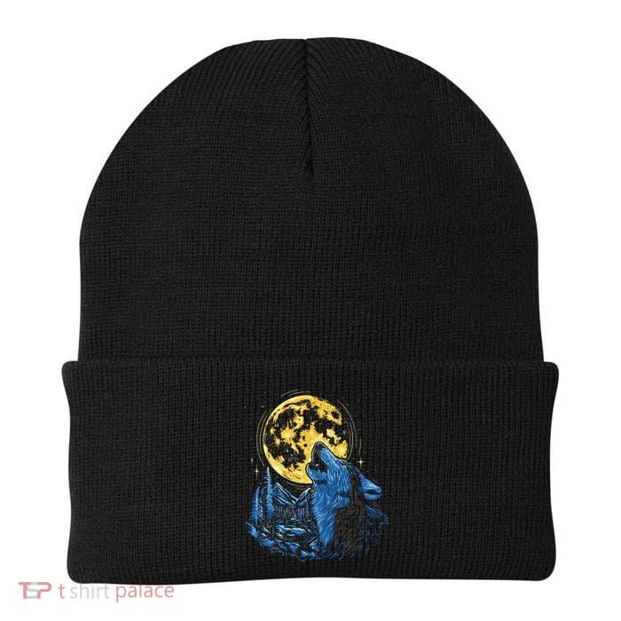 Howling Wolf Yellow Moon Knit Cap Winter Beanie | TShirtPalace
