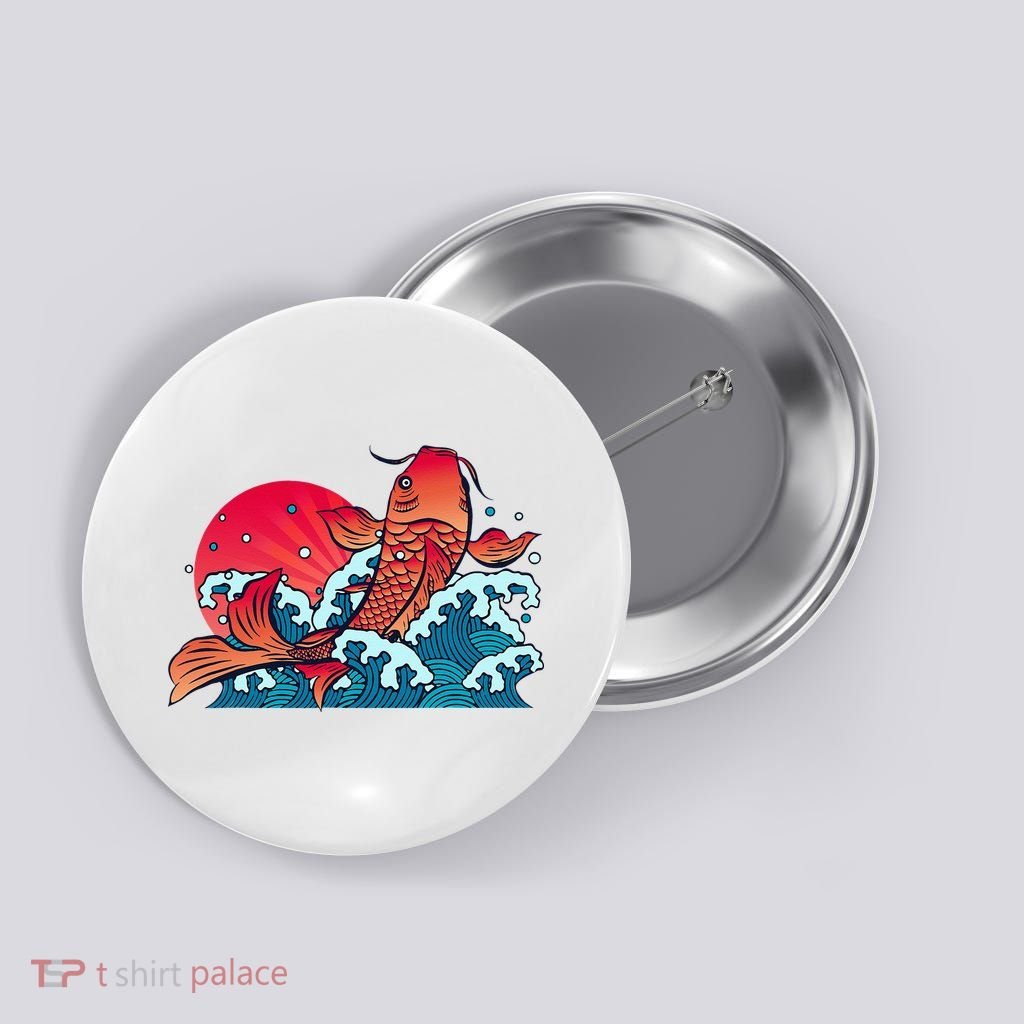 Japanese Koi Fish Breaching The Water Sunset Button
