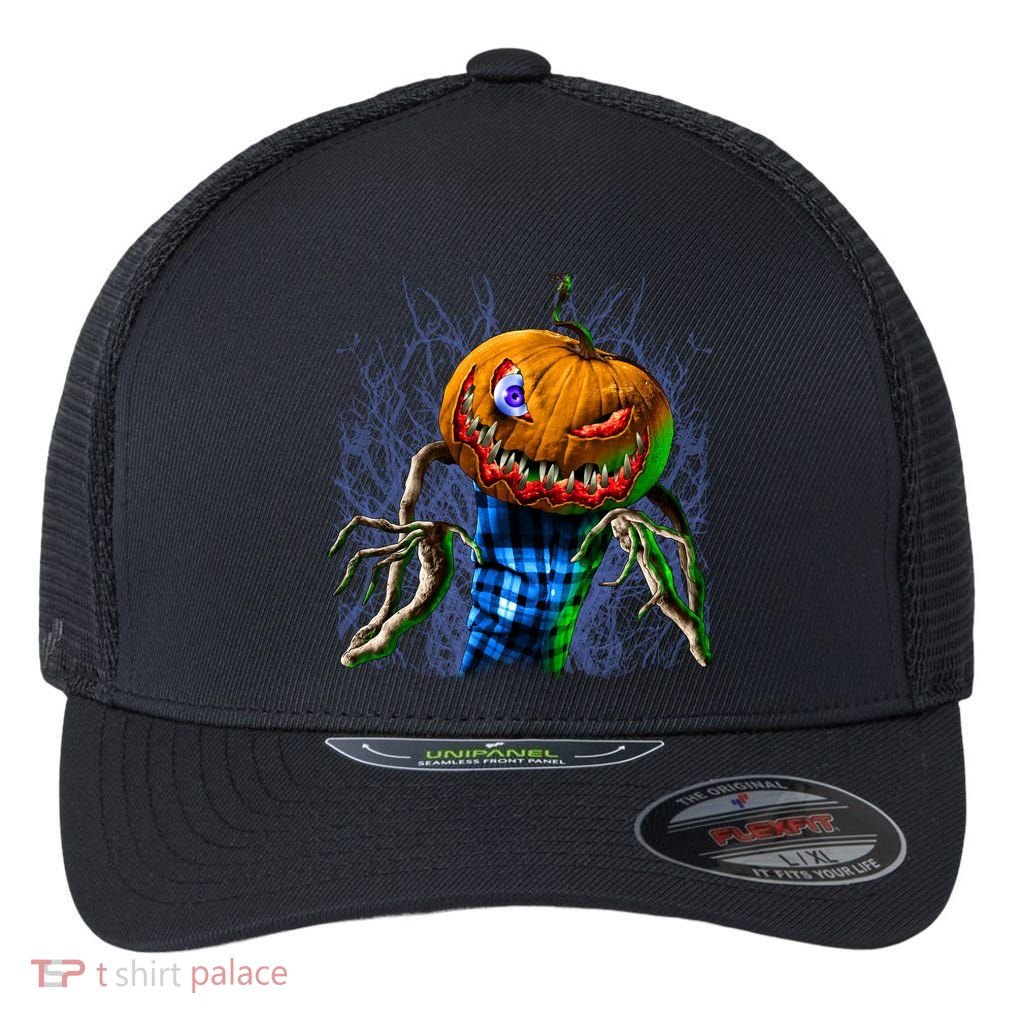 Pumpkinhead Scarecrow Halloween Flexfit Unipanel Trucker Cap | TShirtPalace