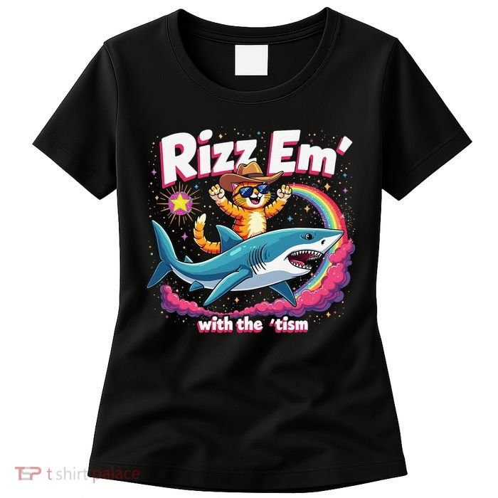 Rizz Em With The Tism Humor Cat Shark Autism Awareness Women's T-Shirt ...