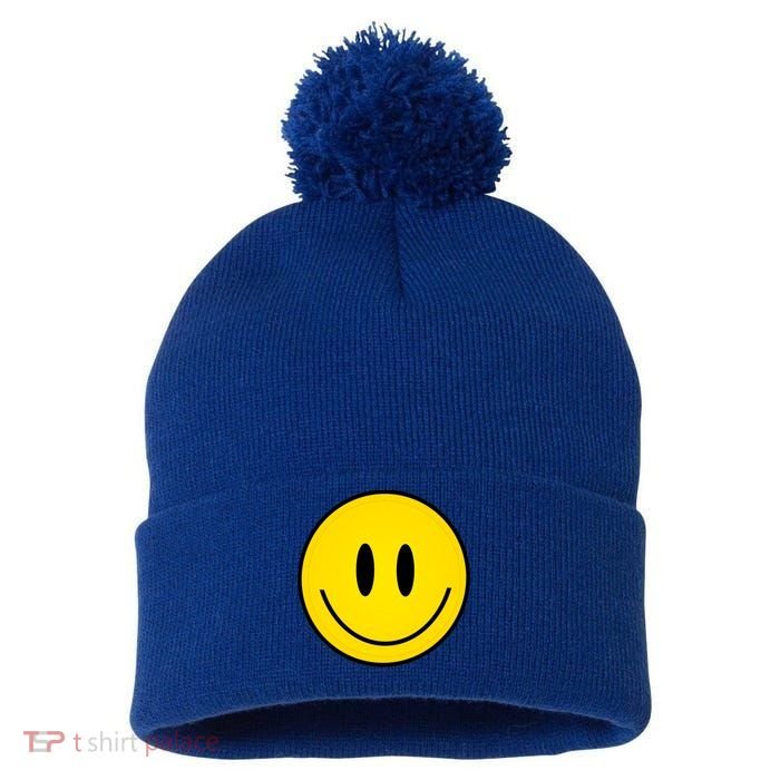 Retro Happy Vibe Smiley Face Happy Face Graphic Gift Pom Pom 12in Knit ...