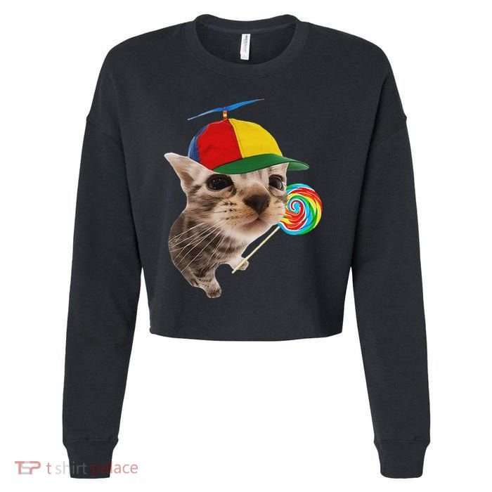 Silly Cat With Lollipop Meme Cropped Pullover Crew | TShirtPalace
