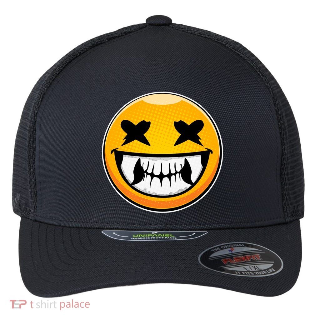 Sharp Toothed Smiley Creepy Emoji Flexfit Unipanel Trucker Cap ...