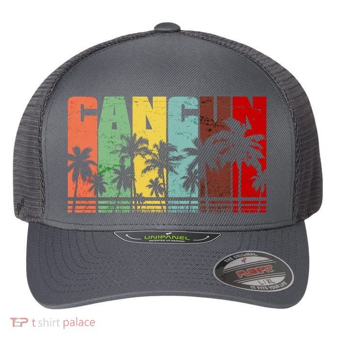 Vintage Retro Cancun Palm Tree Logo Flexfit Unipanel Trucker Cap ...